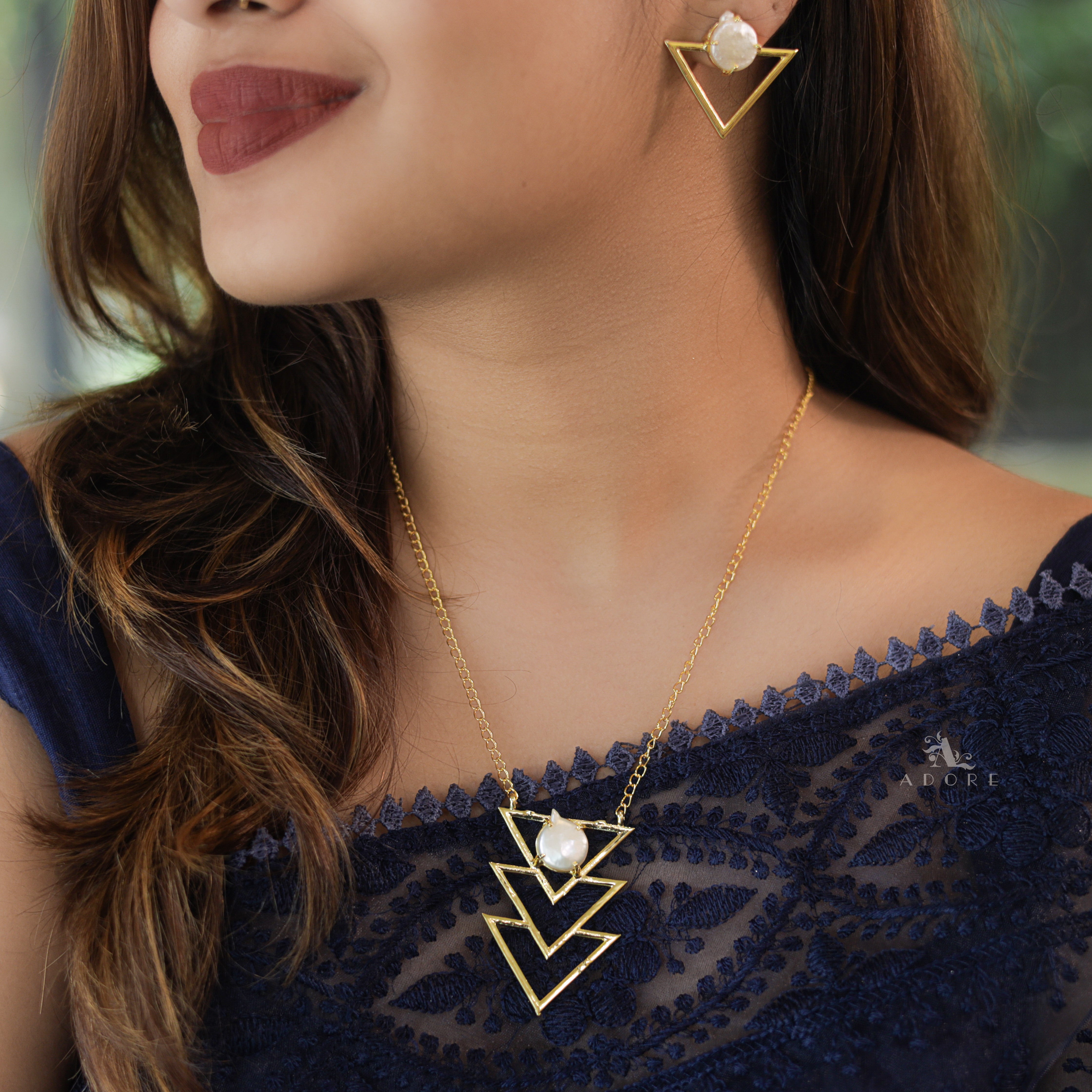 Golden Inverted Triangle Baroque Neckpiece With Earring – Adore By Priyanka