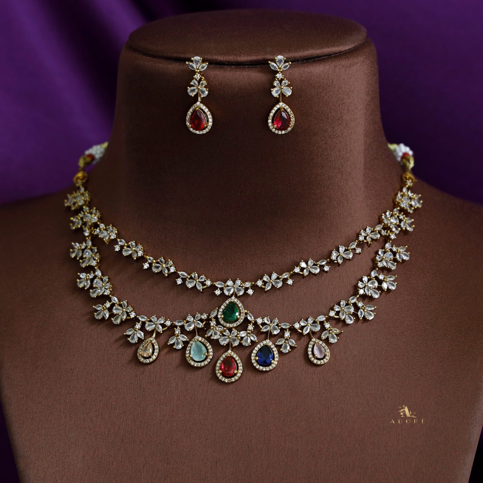 Premium 2 Layer Dew Drops AD Short Neckpiece with Earring – Adore By ...