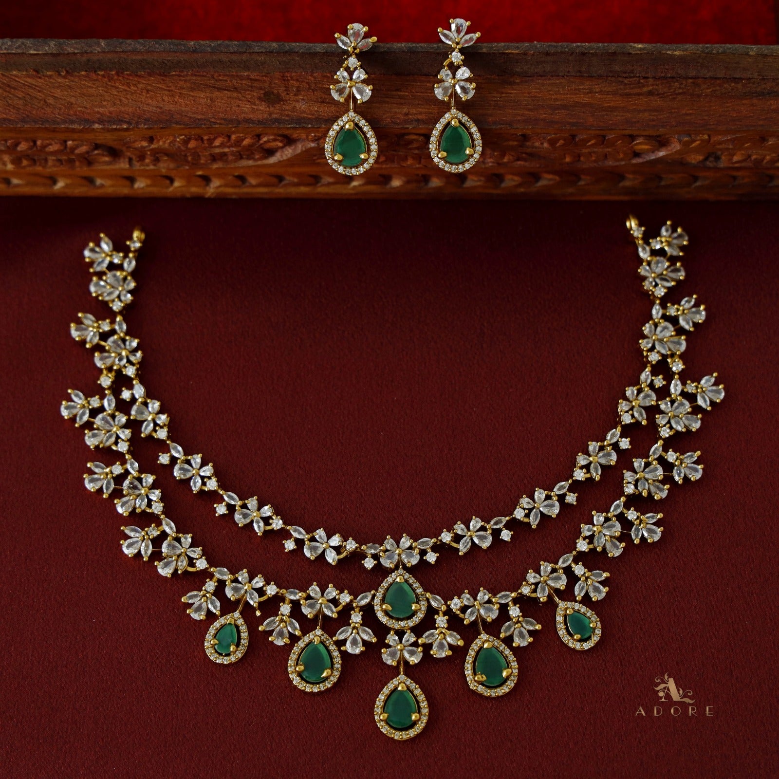 Premium 2 Layer Dew Drops AD Short Neckpiece with Earring – Adore By ...