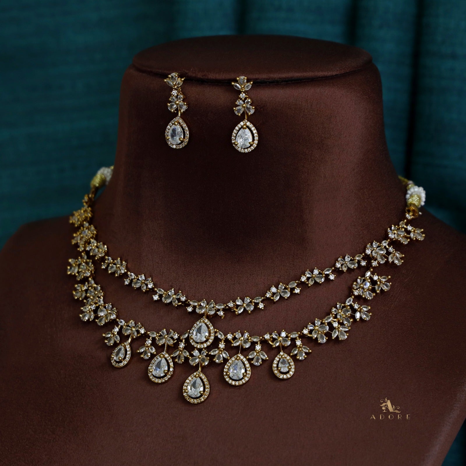 Premium 2 Layer Dew Drops AD Short Neckpiece with Earring – Adore By ...